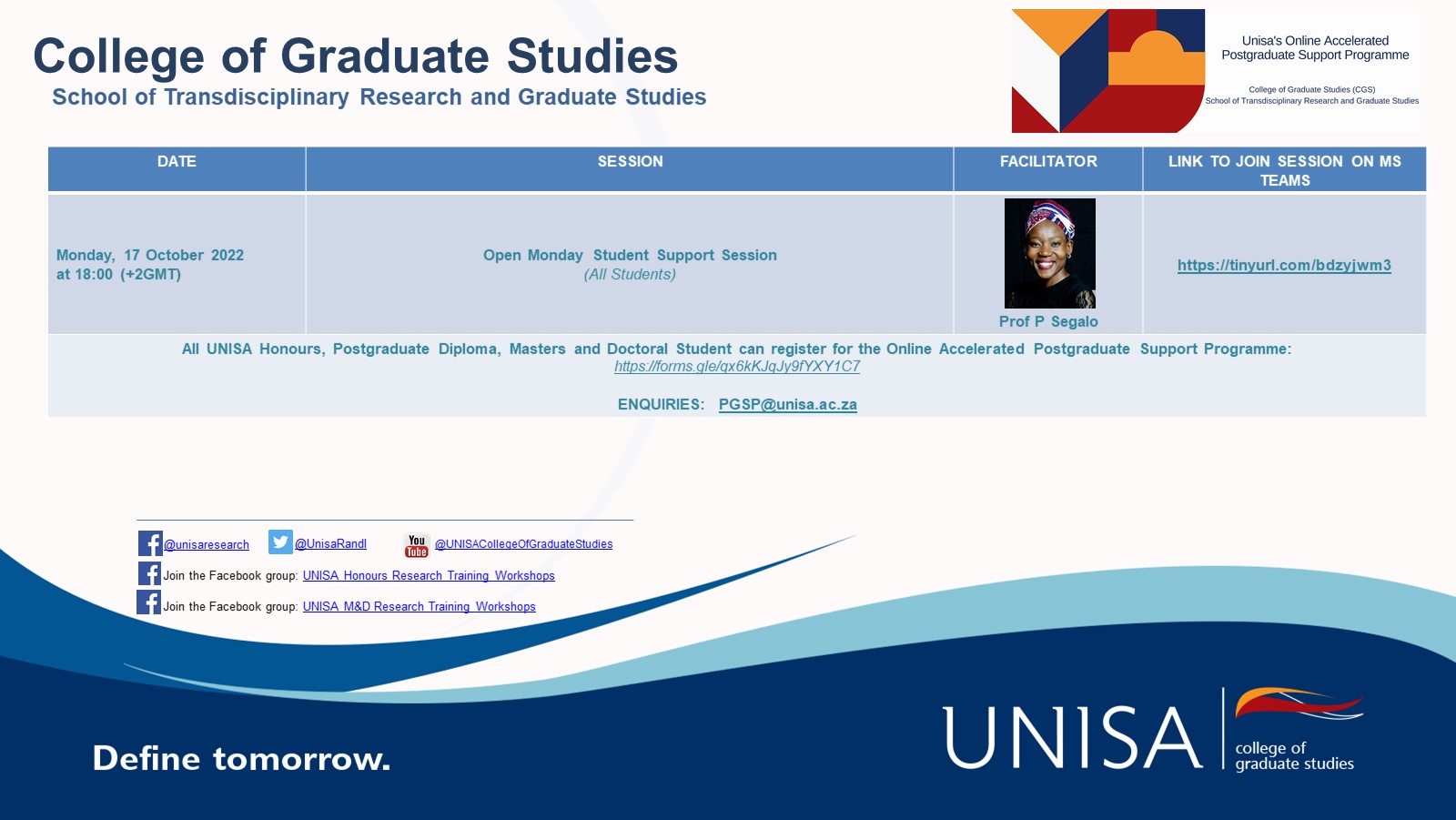 Unisa Online Accelerated Postgraduate Support Programme workshop: 'Open Monday student support ...